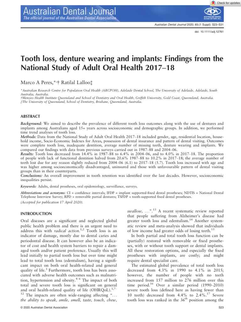 Australian Dental Journal - 2020 - Peres - Tooth Loss Denture Wearing ...