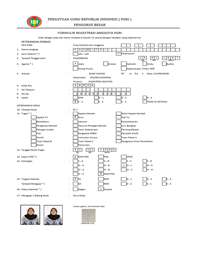 Formulir Pgri Kasmitri | PDF