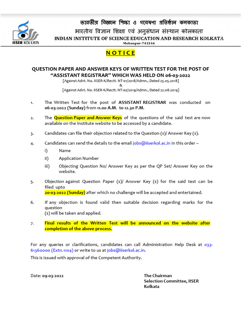 Assistant Registrar Test Paper & Keys | PDF | Auction