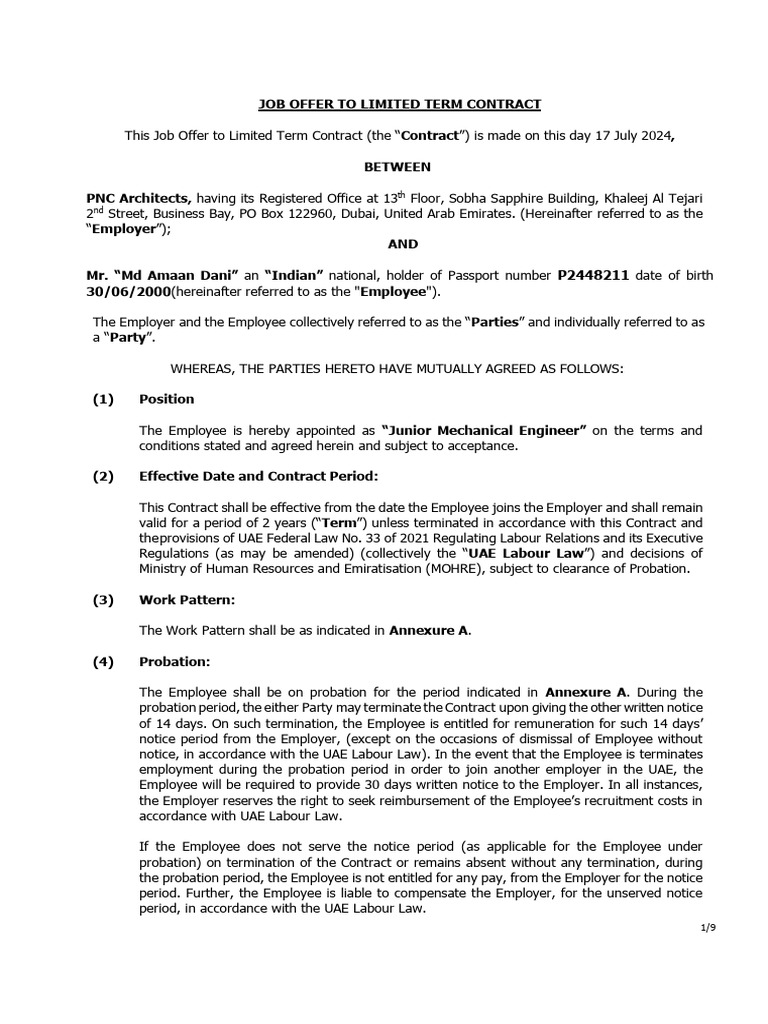 Draft Offer Letter - MD Amaan Dani - Junior Mechanical Engineer | PDF ...