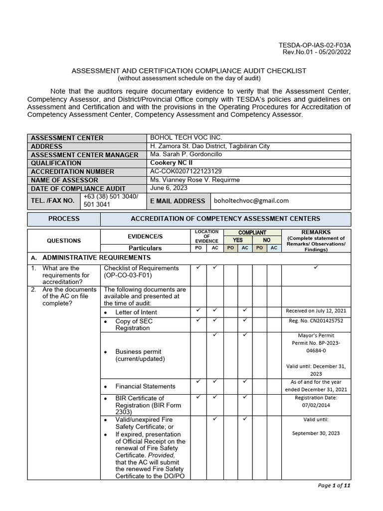 COK NC II BTVI TESDA OP IAS 02 F03A Audit Checklist | PDF | Audit ... COK NC II BTVI TESDA OP IAS 02 F03A Audit Checklist | PDF | Audit ...