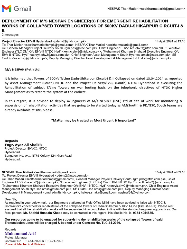 Gmail - DEPLOYMENT OF M - S NESPAK ENGINEER (S) FOR EMERGENT REHABILITATION WORKS OF COLLAPSED ...