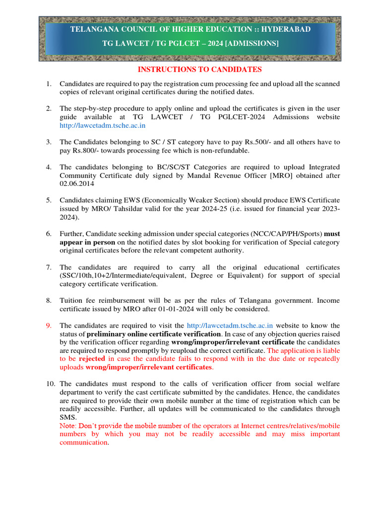 Instructions to Candidates Phase-I 2024 Admissions | PDF