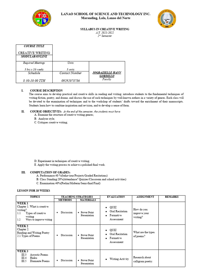 Creative Writing Syllabus | PDF | Creative Writing | Poetry