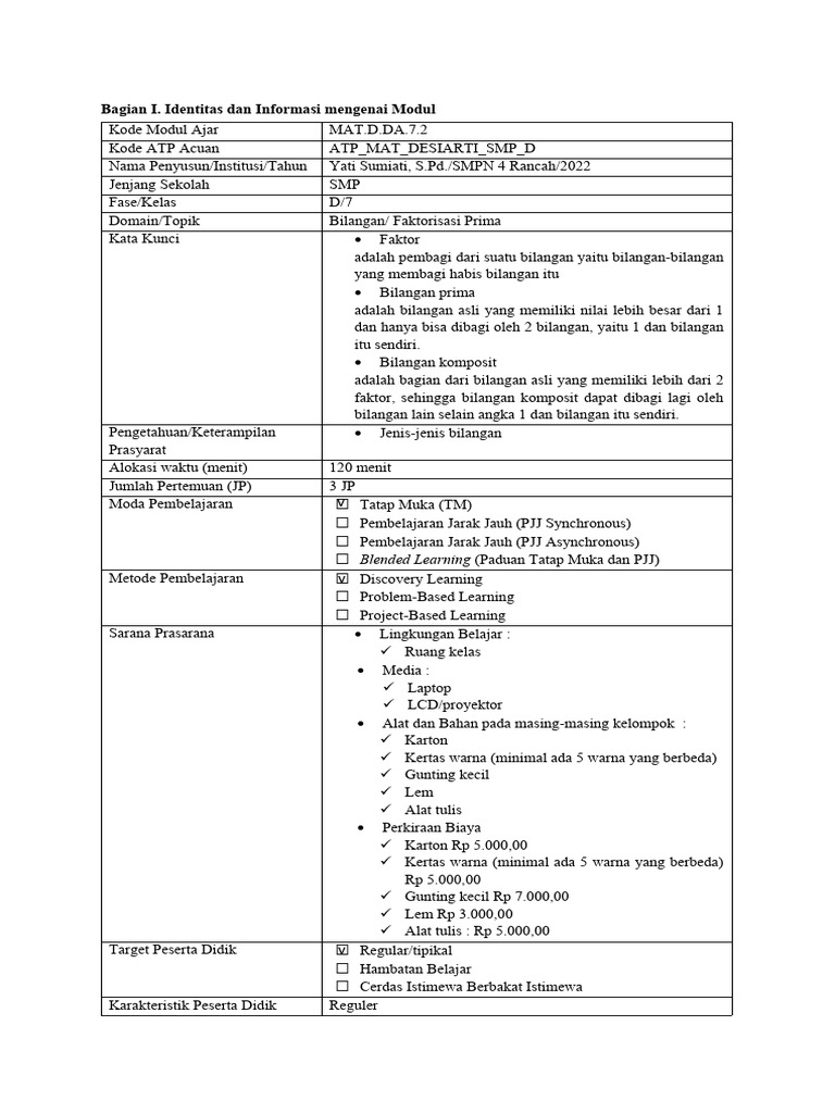 Modul Ajar Faktorisasi Prima | PDF