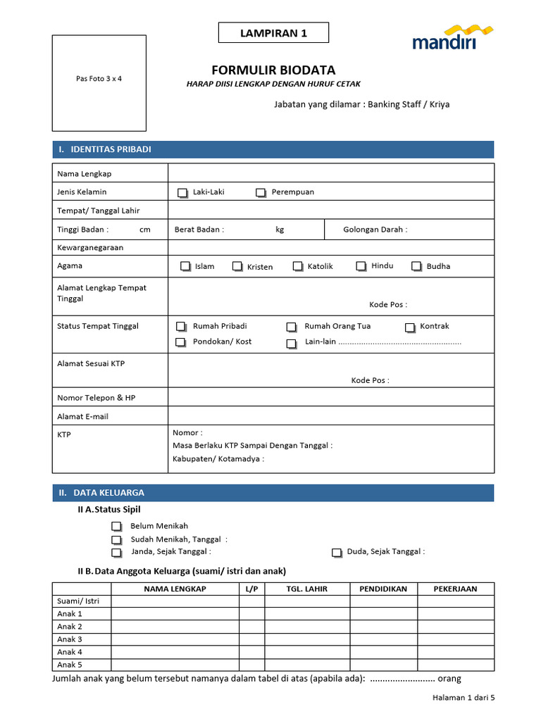 Formulir Biodata Pelamar Bank Mandiri | PDF