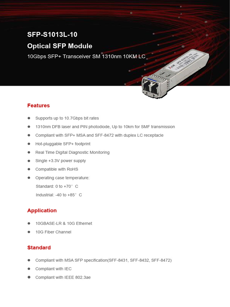 SFP Module 10G - SFP S1013L 10 - SM 1310nm 10KM - Datasheet - A2.0 SFP ...