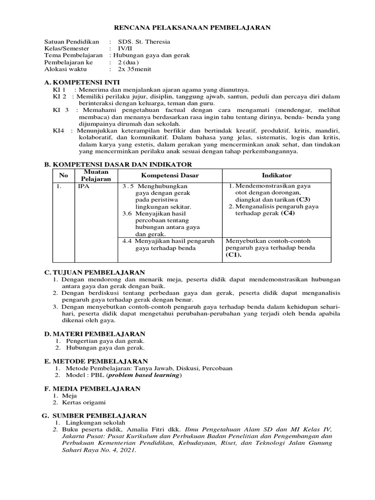 RPP Ipa Kelas 4 Gaya Dan Gerak Fix | PDF
