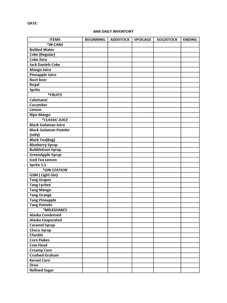 Bar Daily Inventory | PDF