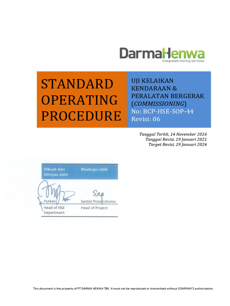 BCP-HSE-SOP-44 R06 Uji Kelaikan Kendaraan Peralatan Bergerak (Commisioning) | PDF