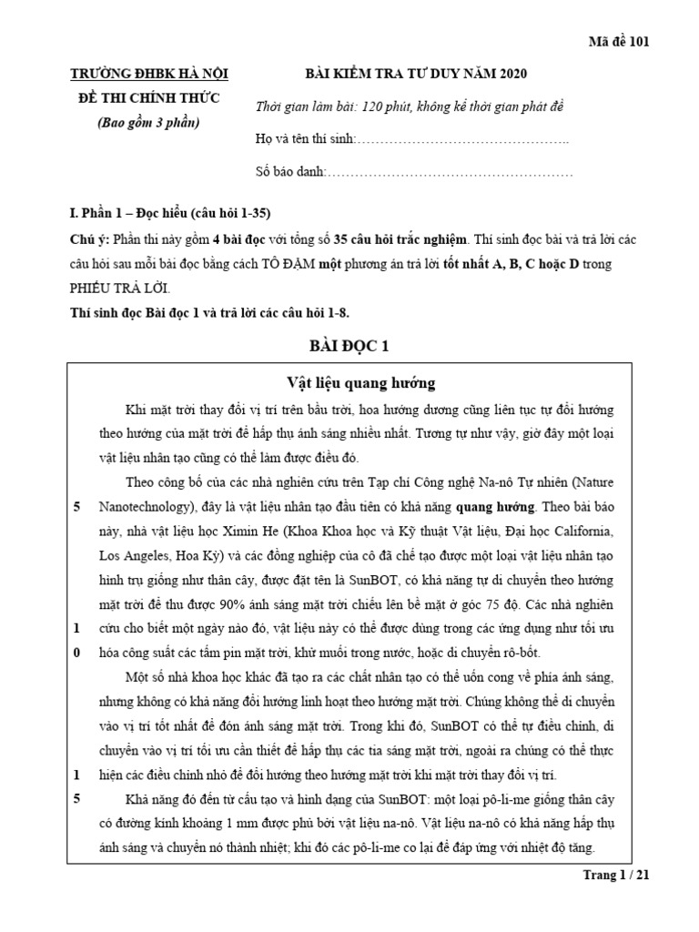 7 Bài Kiểm Tra Tư Duy Năm 2020 de Ct Dhbk | PDF