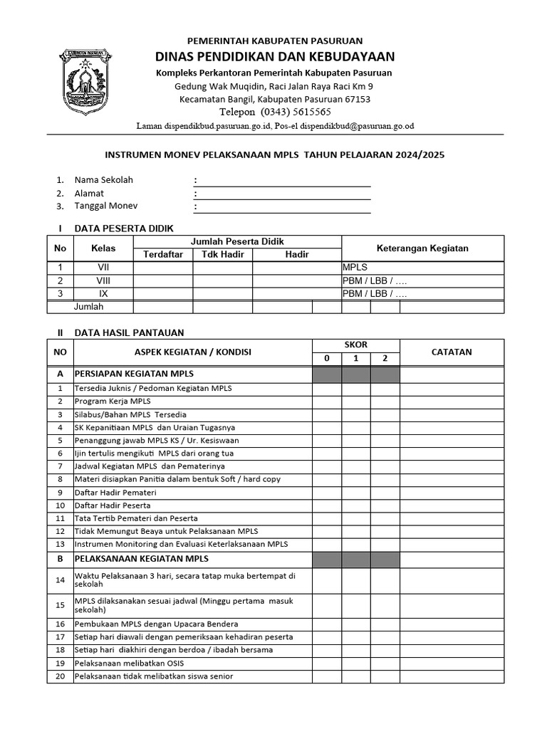 Instrumen Monev MPLS 2024-2025 | PDF