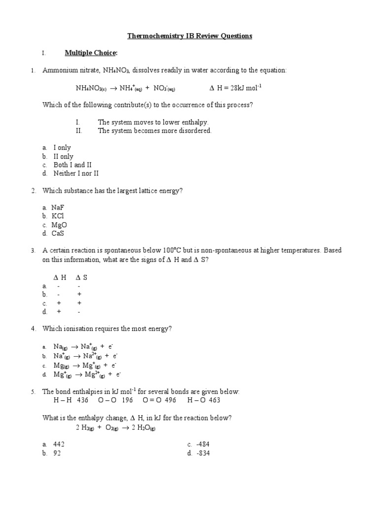 Thermochemistry IB Questions | Download Free PDF | Enthalpy | Chemical ...