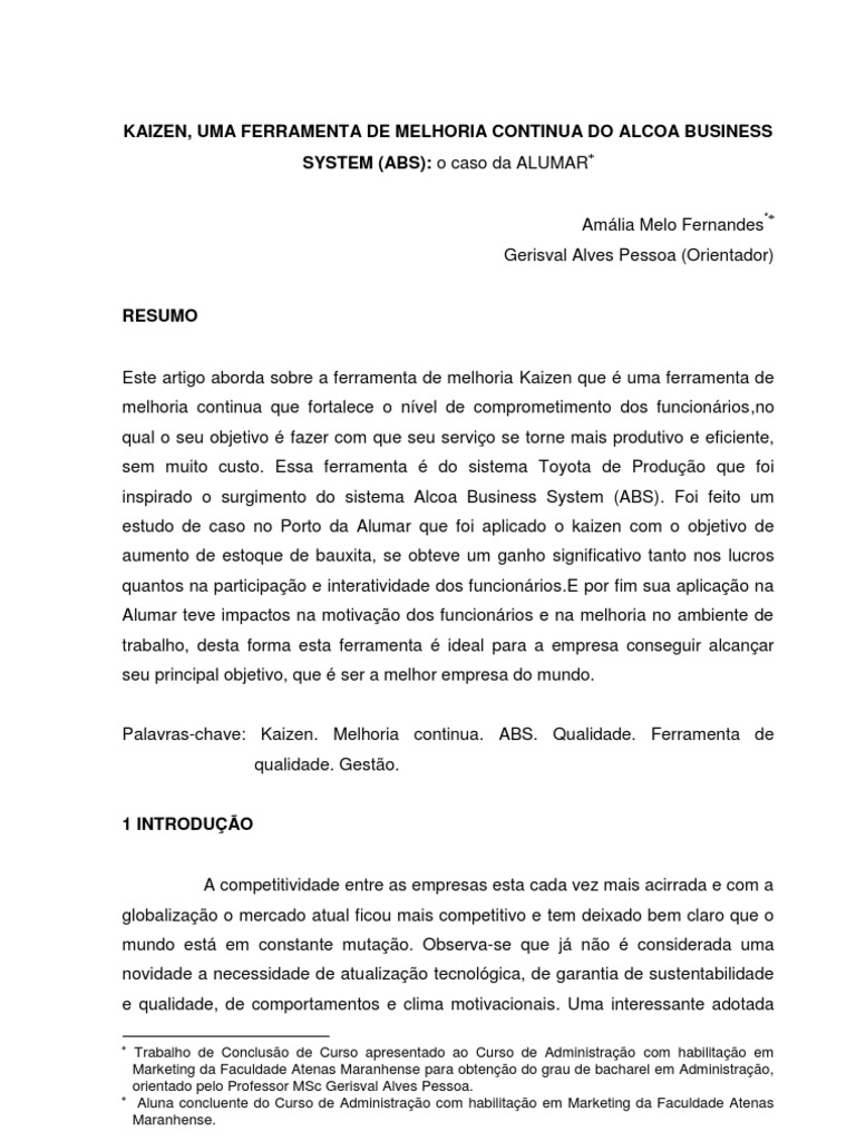 KAIZEN, UMA FERRAMENTA DE MELHORIA CONTINUA DO ALCOA BUSINESS SYSTEM ...