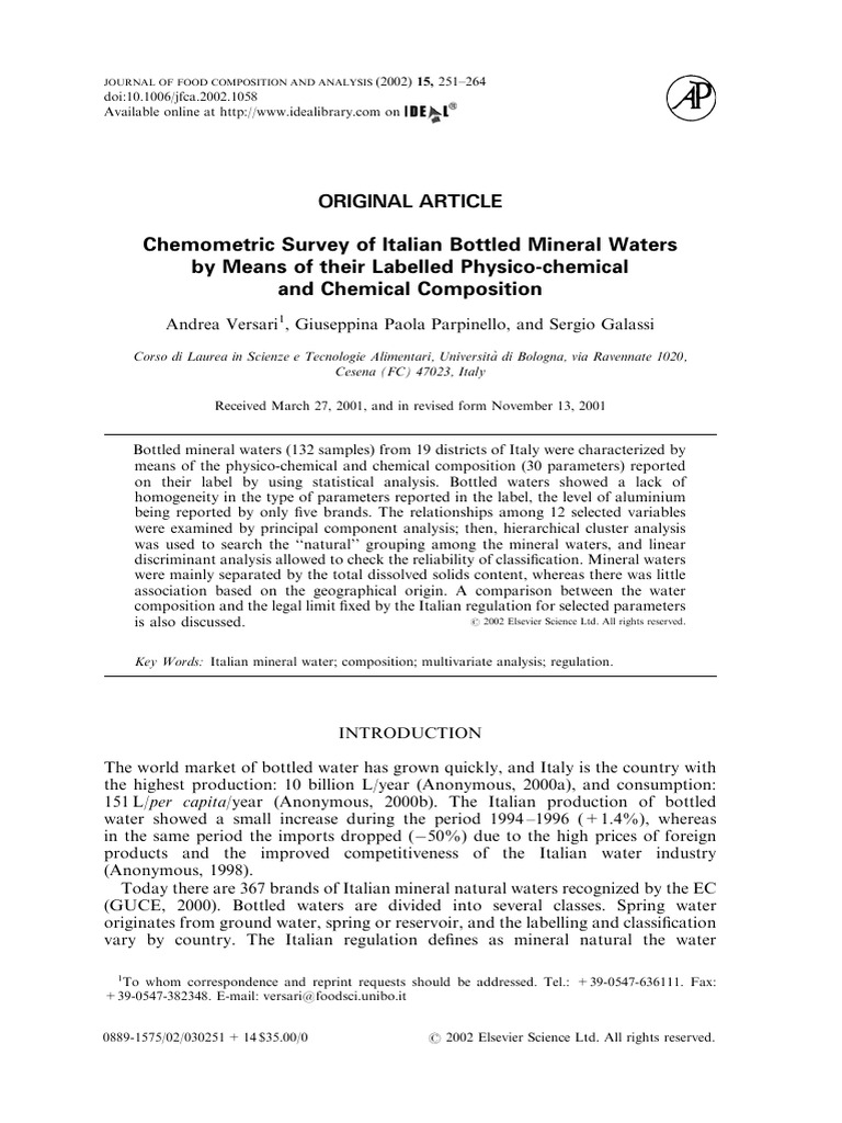 Chemometric Survey of Italian Bottled Mineral Waters by Means of Their Labelled Physico-Chemical ...