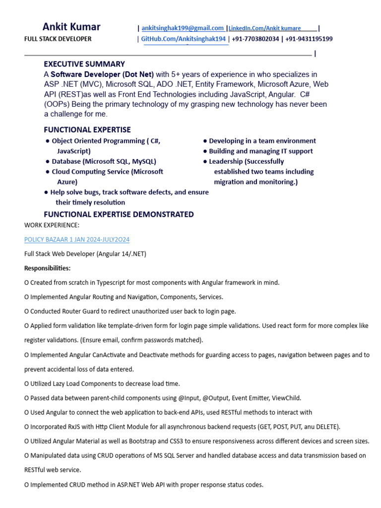 Ankit Kumarresume Full Stack Dot Net Developer - pdf1 | PDF | Machine Learning | Microsoft Sql ...