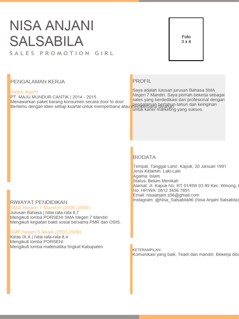 Contoh Curriculum Vitae (CV) Untuk Sales Promotion Girl (SPG) Dan Sales ...