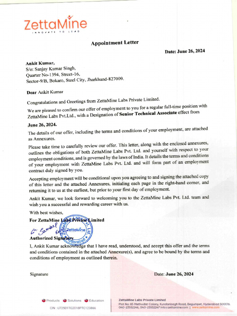 Zettamine Appointment letter Ankit kumar | PDF