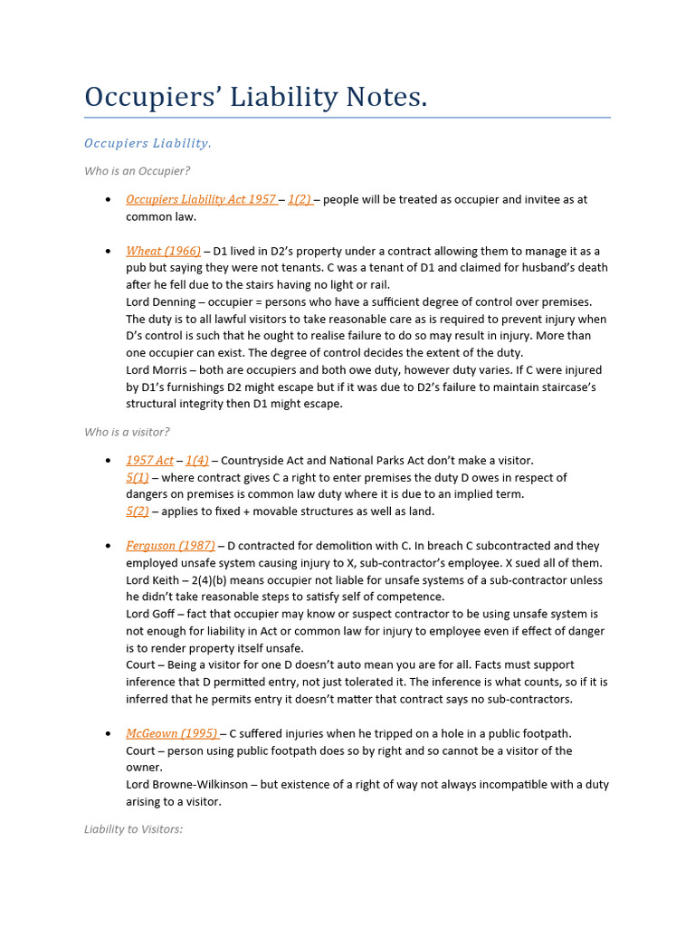 Occupiers Liability Notes 2013 | PDF | Legal Liability | Duty Of Care