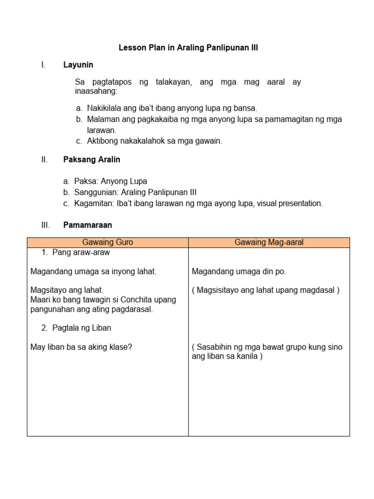 Anyong Lupa Lesson Plan | PDF