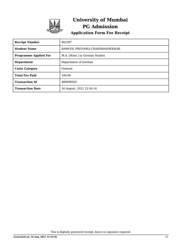 PG Admission Fee Receipt | PDF