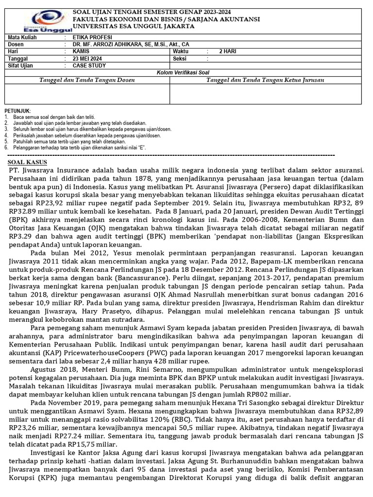 s1 - Soal Ujian Tengah Semester Genap 2023-2024 - Etika Profesi | PDF | Karier & Perkembangan ...