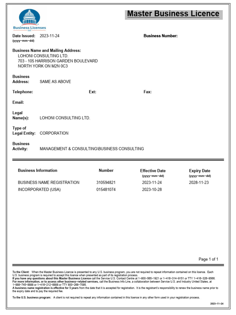 Master Business Licence for LOHONI Consulting | PDF | Business ...
