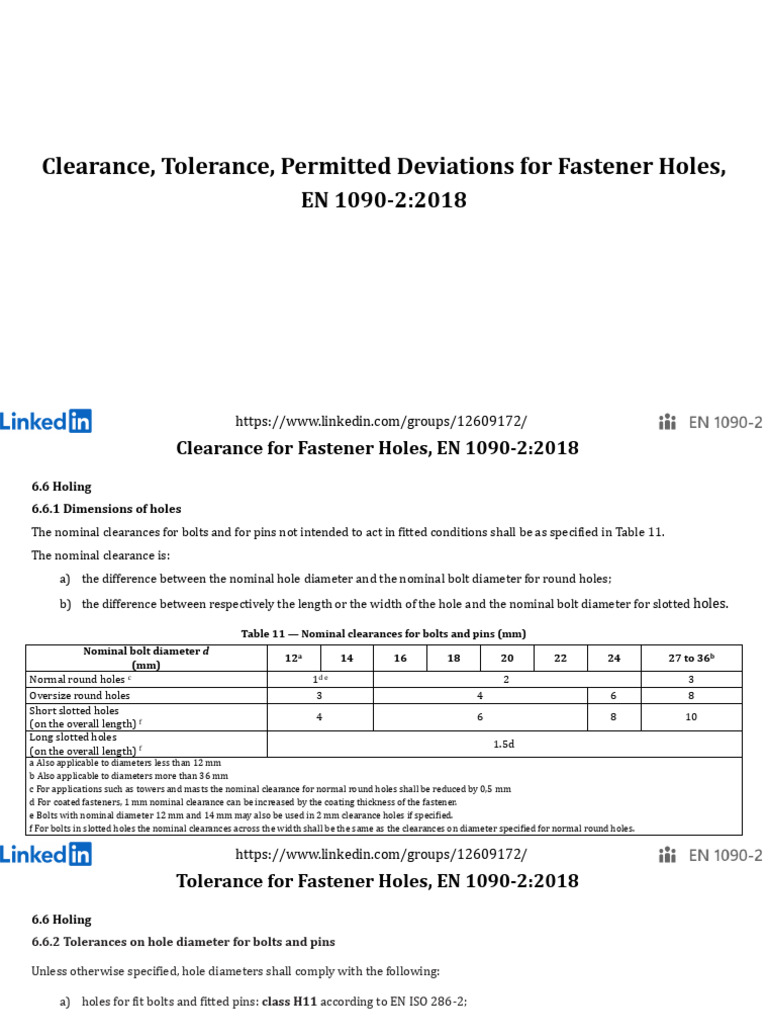 Fastener Hole Tolerances in EN 1090-2 | PDF | Engineering Tolerance | Screw