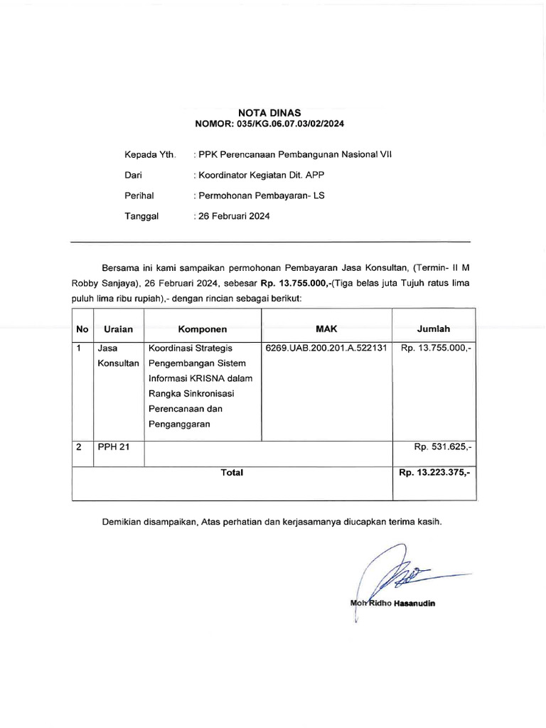 Permohonan Pembayaran Belanja Jasa Konsultan, Termin II (M Robby Sanjaya) - 26 Februari 2024 | PDF