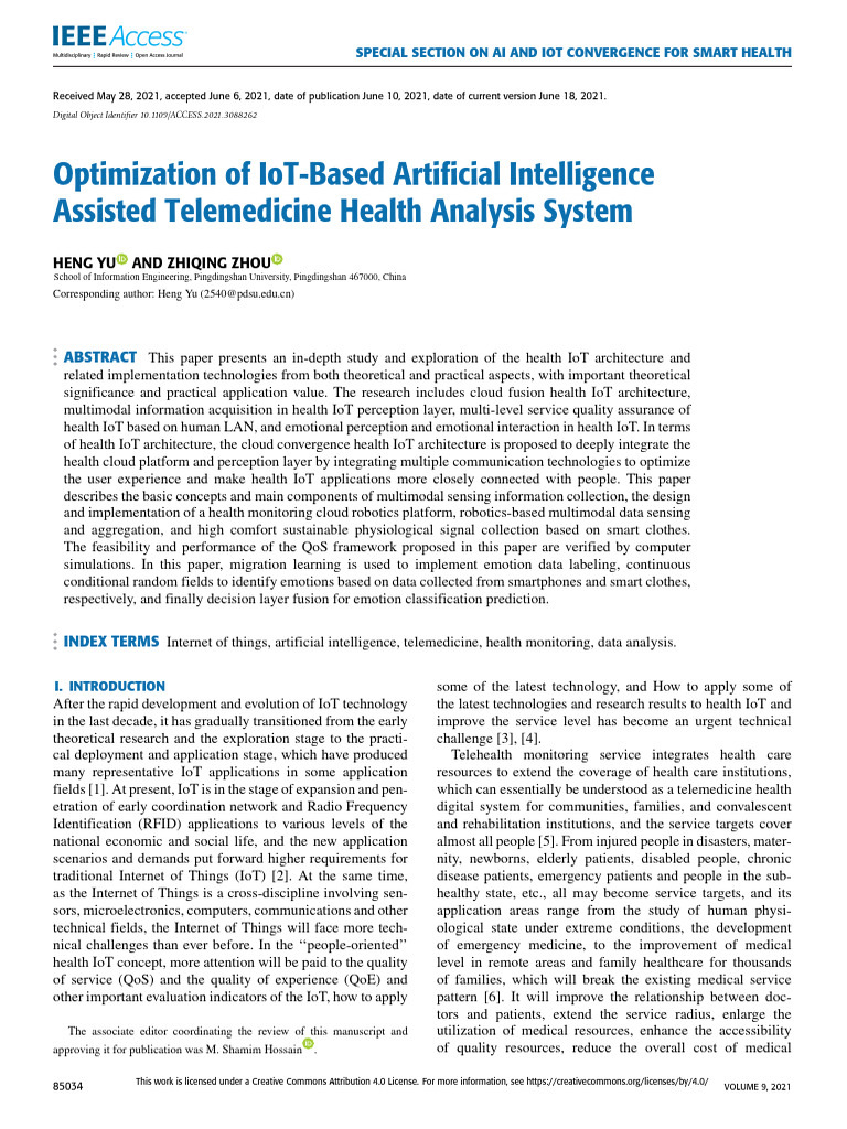 Optimization of IoT-Based Artificial Intelligence Assisted Telemedicine Health Analysis System ...