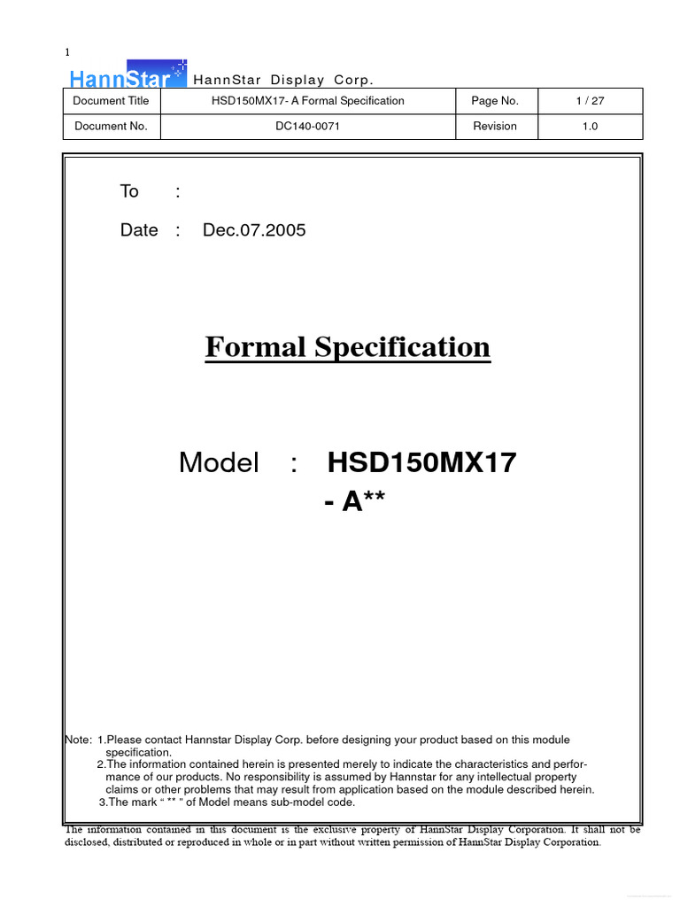 HSD150MX17 HannStar | PDF | Backlight | Power Inverter