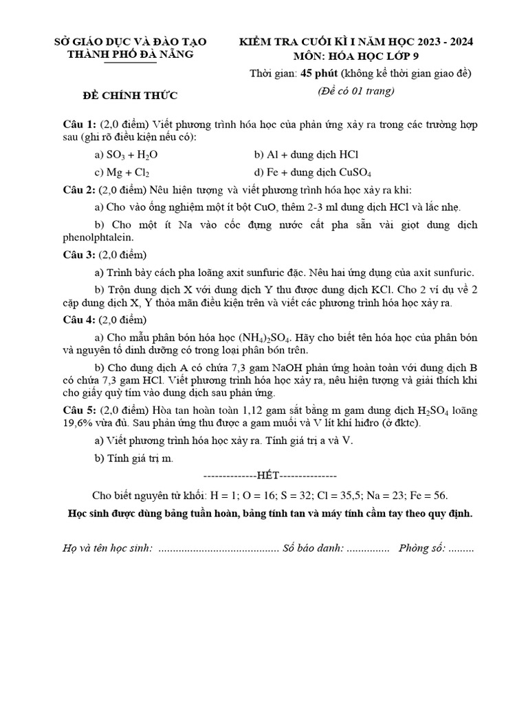 De Va HDC Hoa Hoc 9 Cuoi Ki 1 NH 23-24 | PDF