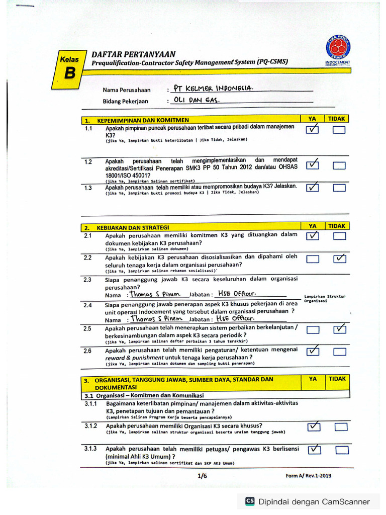 Kuesioner B K3 Kontraktor ITP R1 2019 | PDF