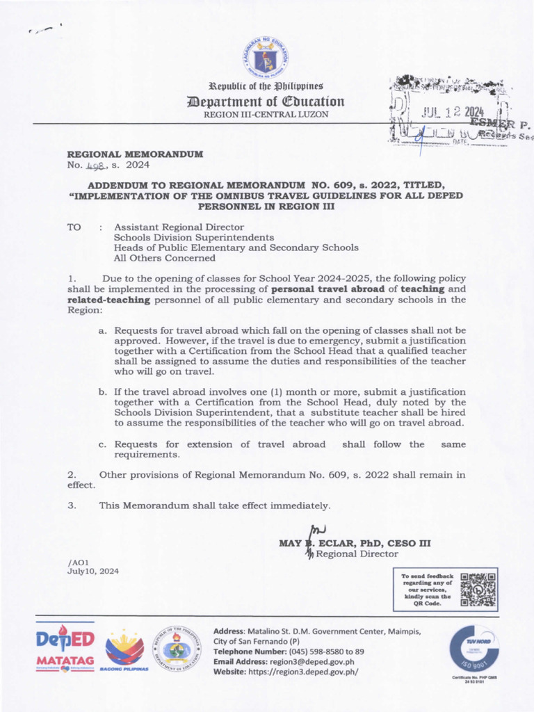 RM No. 498 S.2024 Addendum To Regional Memorandum No. 609 S.2022 Titled ...
