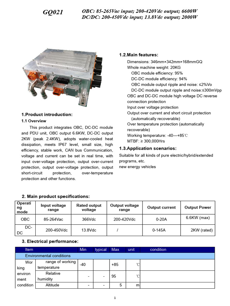 OBC: 85-265vac Input 200-420Vdc Output 6600W DC/DC: 200-450Vdc Input 13 ...