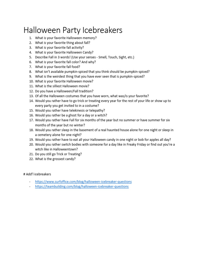 Fun Halloween Party Icebreaker Questions | PDF | Language Arts & Discipline
