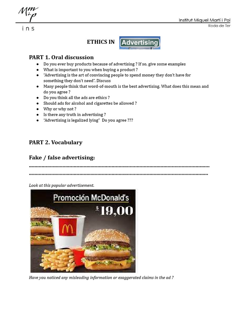 Ethics in Advertising Discussion Guide | PDF | Advertising | Media ...