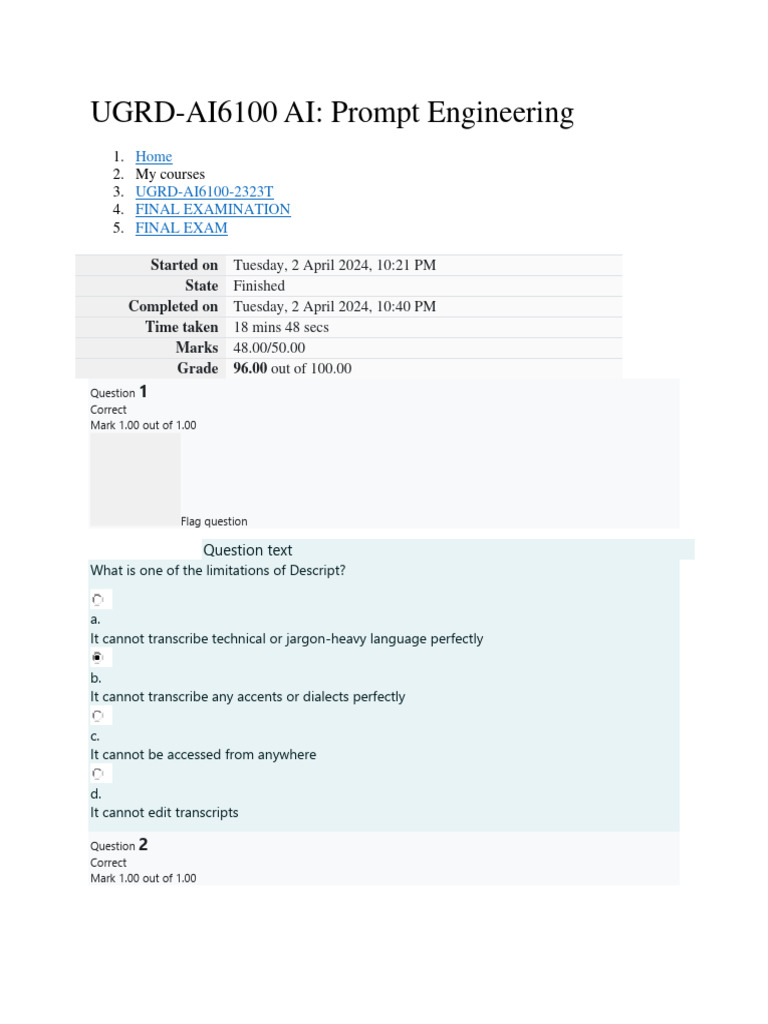UGRD-AI6100 AI: Prompt Engineering: Home UGRD-AI6100-2323T Final Examination Final Exam | PDF ...