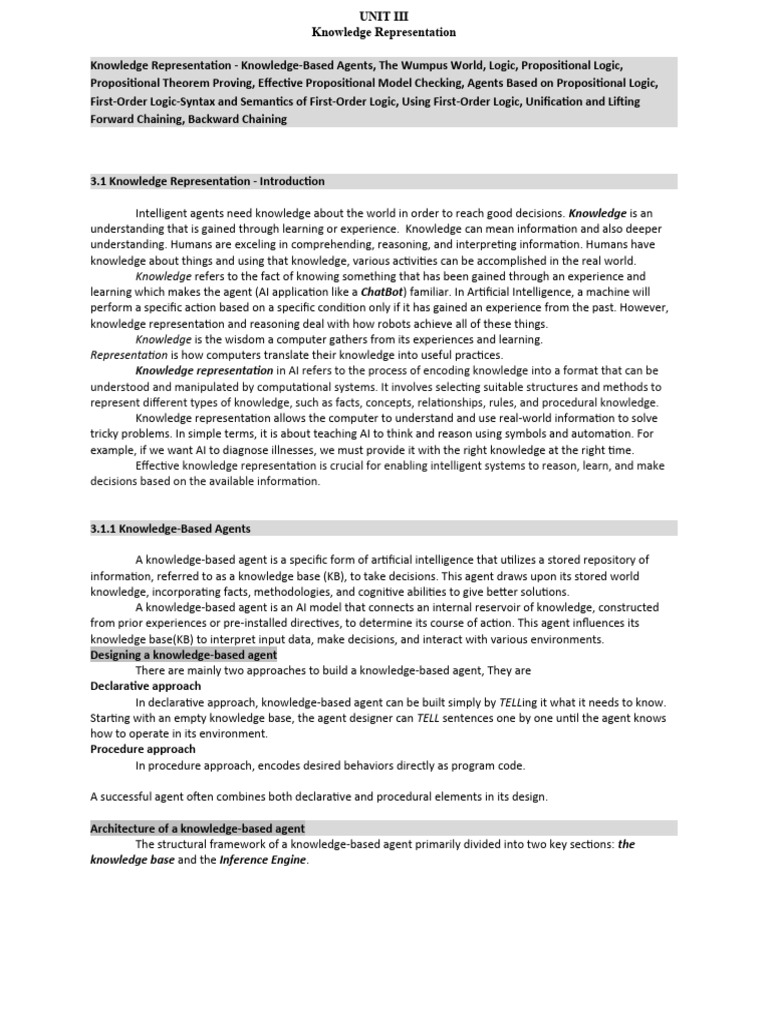 Unit III - Knowledge Representation | PDF | Logic | First Order Logic