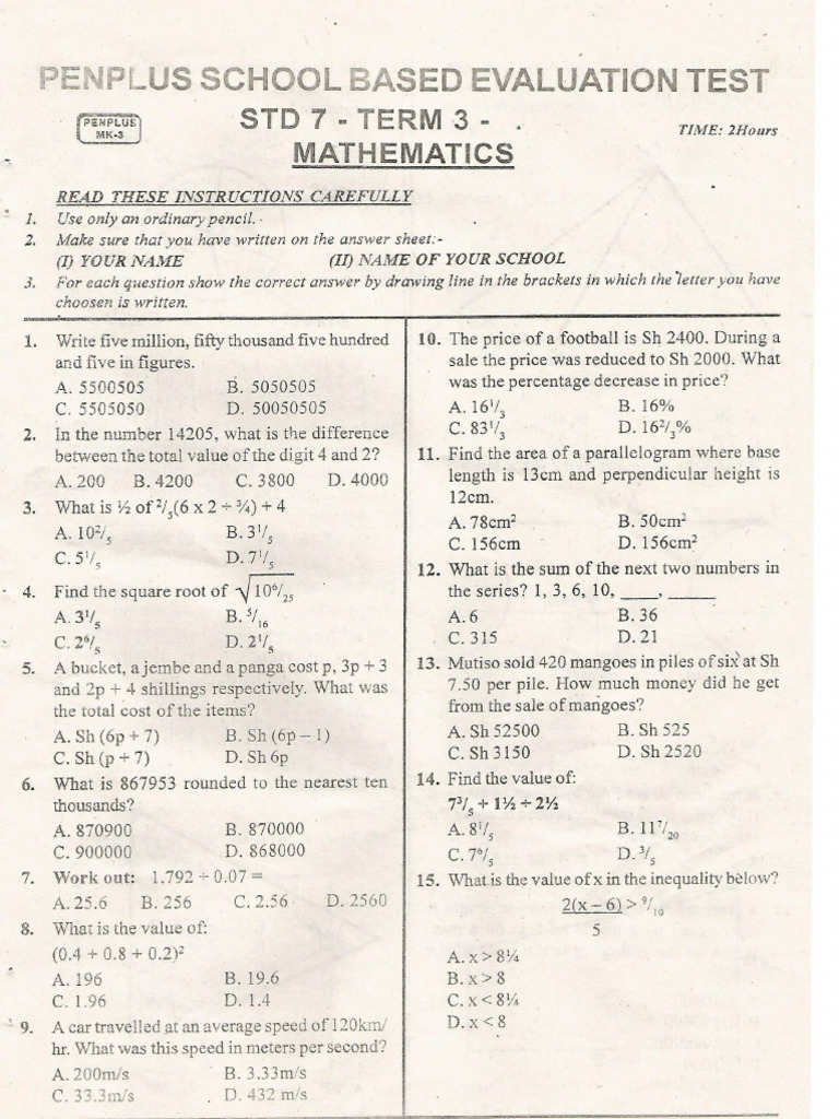 STD 7 EXAM 4 Maths Questions p | PDF