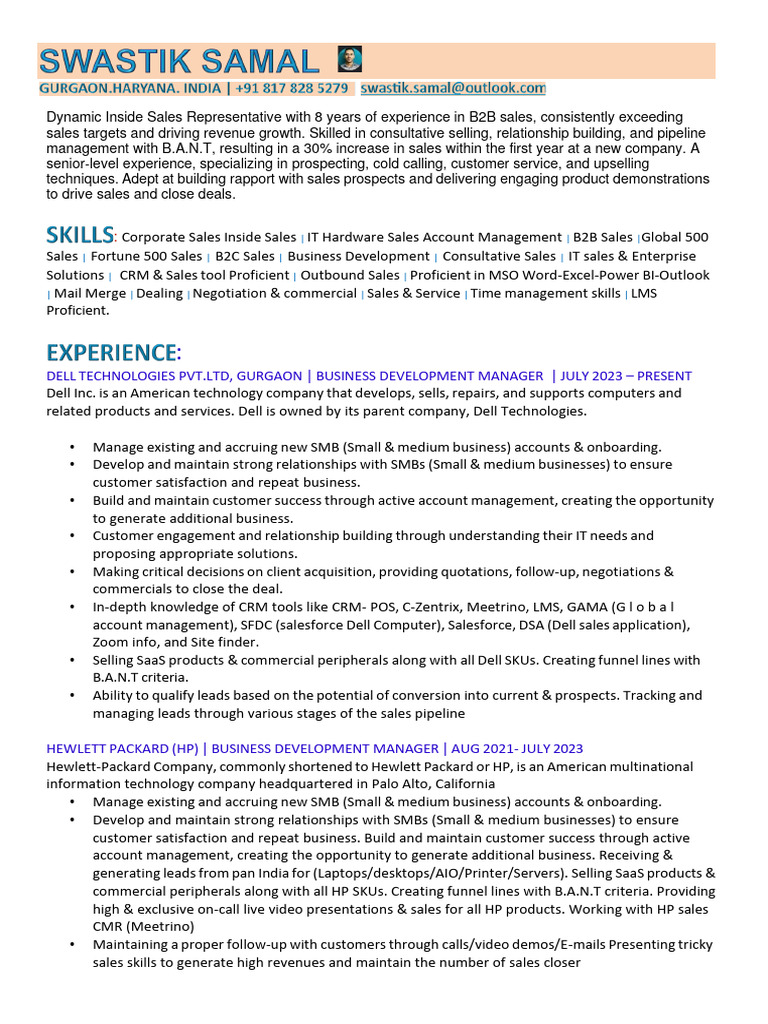 Swastik Samal Isr2 BDM | PDF | Sales | Hewlett Packard