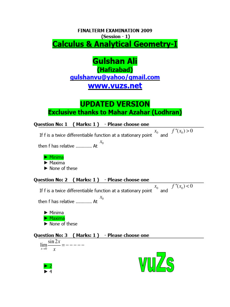 MTH101 Paper 6 - Final Term Solved Paper UPDATED | PDF | Teaching ...