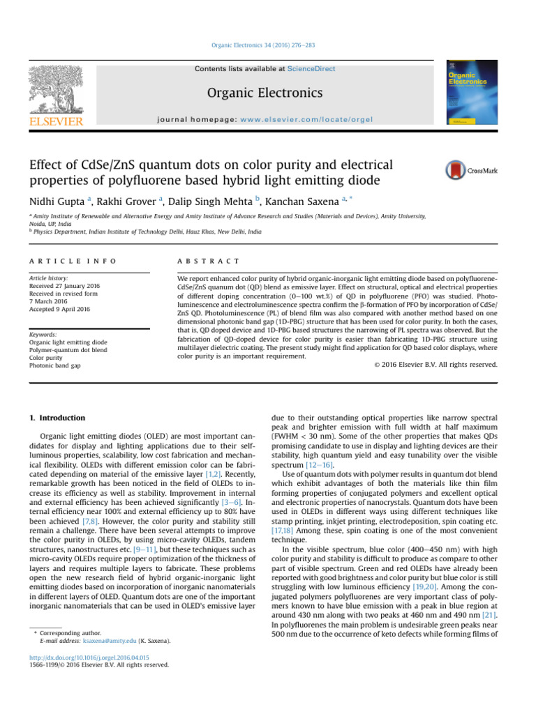 Effect of CdSe/ZnS Quantum Dots On Color Purity and Electrical Properties of Polyfluorene Based ...