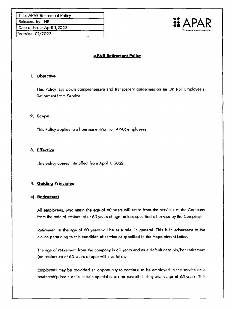 Retirement Policy | PDF | Employment | Business