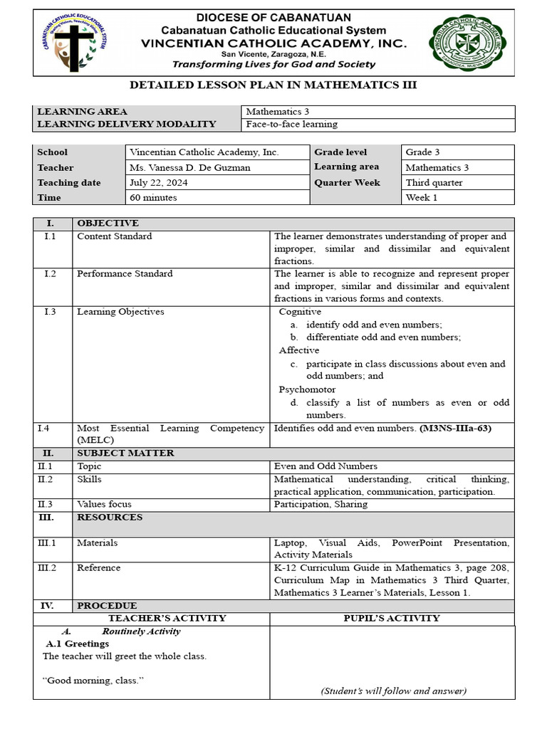 Grade 3 Lesson Plan: Odd and Even Numbers | PDF | Learning | Lesson Plan