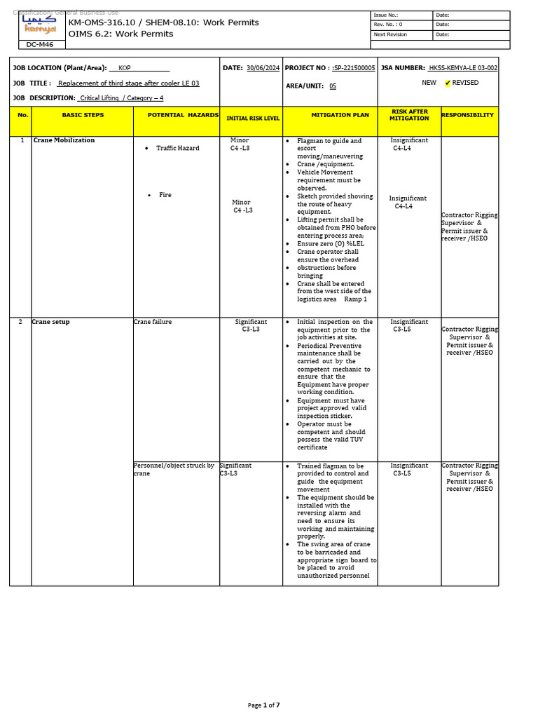 Jsa Hkss-Kemya-Le-03 - 002 - Rev 01 | PDF | Occupational Safety And Health | Safety