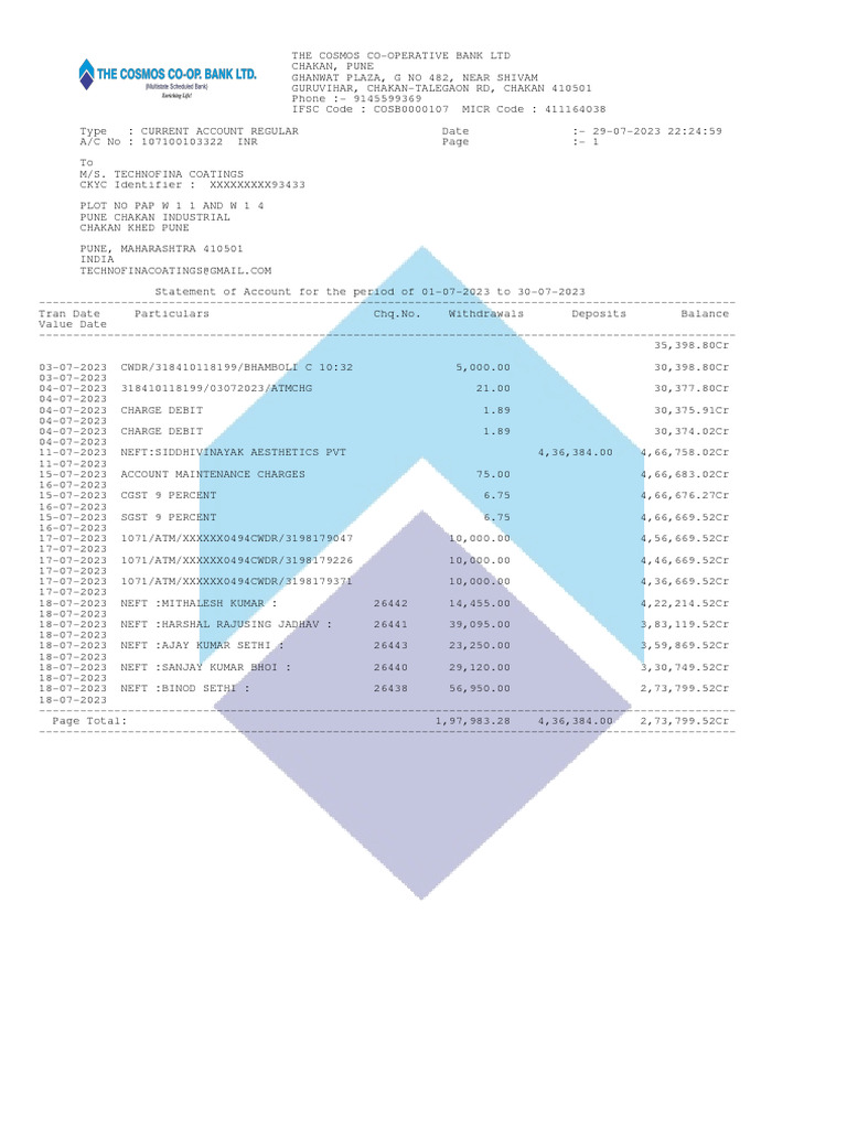 Cosmos Bank Current Account Statement | PDF | Financial Services | Business
