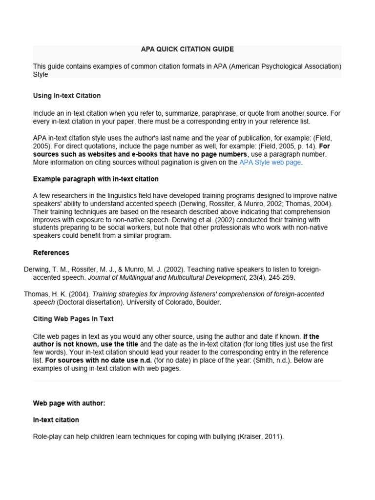 APA Quick Citation Guide | PDF | Apa Style | Citation APA Quick Citation Guide | PDF | Apa Style | Citation