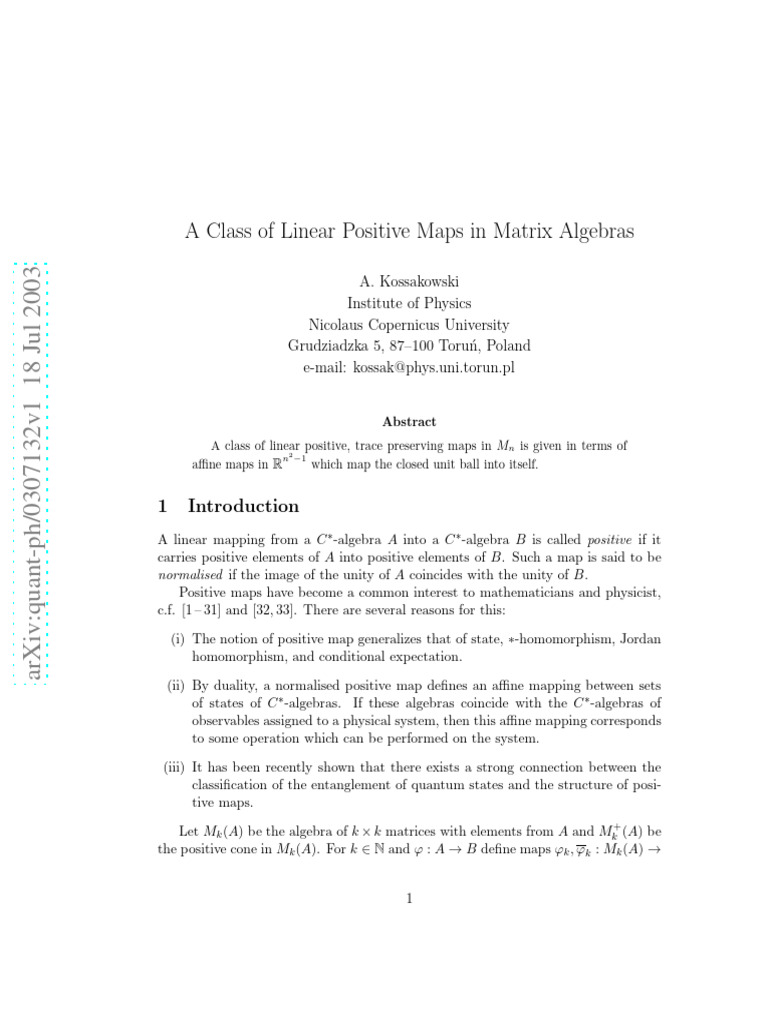 A Class of Linear Positive Maps in Matrix Algebras | PDF | Abstract ...