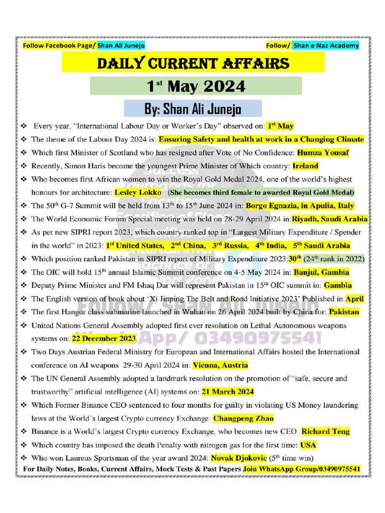 Today's Top Current Affairs 1st May by Shan Ali Junejo | PDF